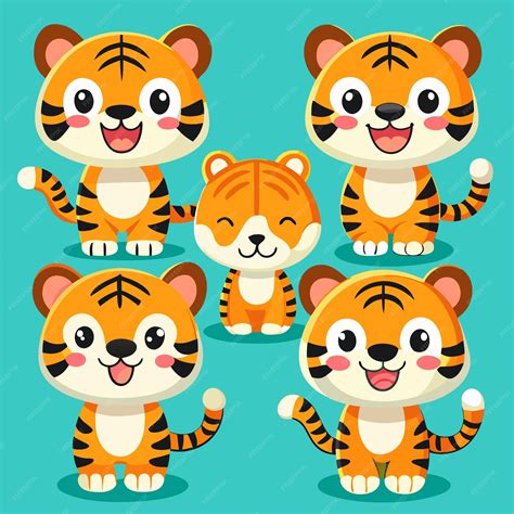 Conjunto De Lindos Tigres De Dibujos Animados En Diferentes Poses