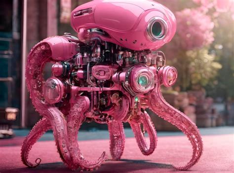 Premium Photo Robot Photographer Pink Octopus Walking Along The Road