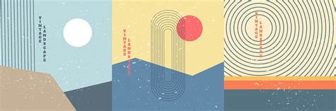 벡터 그림입니다 중반 세기 현대 그래픽 70 년대 복고풍 펑키 그래픽 그런지 텍스처 미니멀 한 풍경 세트 추상 적인 모양입니다 소셜 미디어 블로그 게시물 배너 카드 용