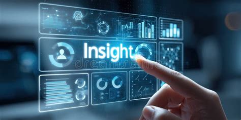 Hand Touching Virtual Screen Displaying Insight With Data Icons And