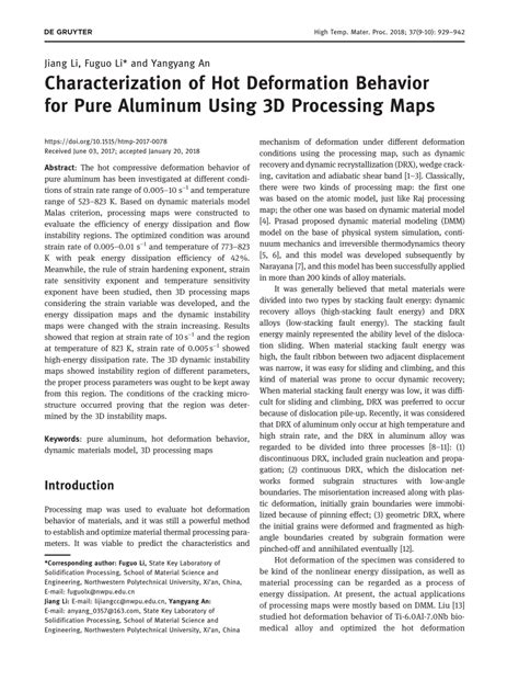 Pdf Characterization Of Hot Deformation Behavior For Pure Aluminum Using 3d Processing Maps