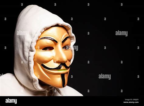 Moscow Russia September 03 2023 Hacker Wearing Hood And Gold