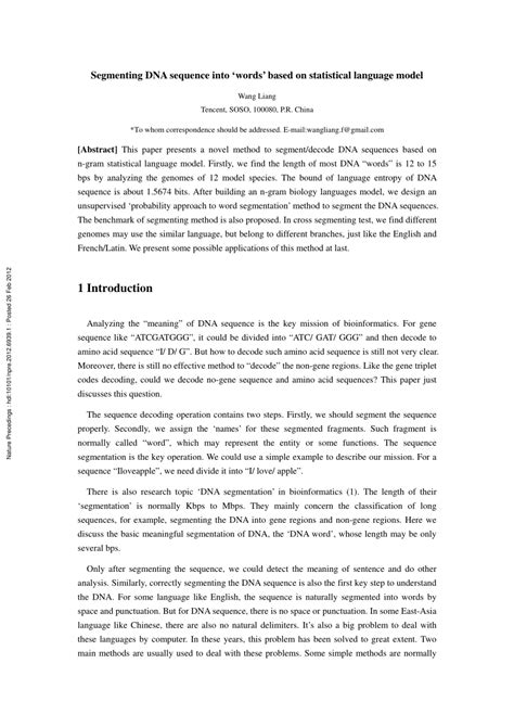 Pdf Segmenting Dna Sequence Into Words Based On Statistical Language Model