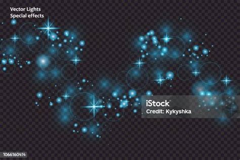 블루 불꽃 고 별 반짝 특별 한 조명 효과 마술 먼지 입자를 반짝 빛 플레어 광선 빛과 마법의 반짝 특수 효과 투명 한 벡터 폭발 반짝이 노을 개성 개념에 대한 스톡 벡터