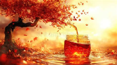 maple tree sap flowing into jar with autumn leaves stock image image