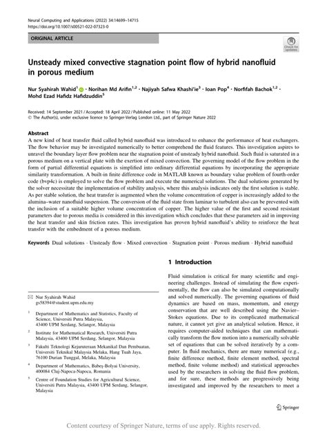 Unsteady Mixed Convective Stagnation Point Flow Of Hybrid Nanofluid In Porous Medium Request Pdf