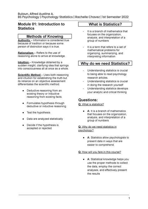 Module 1 Introduction To Statistics Bs Psychology Psychology Statistics Rachelle Chavez