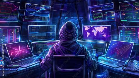 Dark Room With A Hacker In A Hoodie Working On Multiple Screens Showing Encrypted Code And