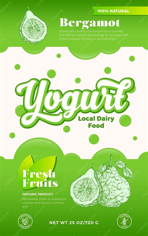 과일 및 딸기 요구르트 레이블 템플릿 추상 벡터 유제품 포장 디자인 레이아웃 거품과 손으로 그린 베르가못 스케치 실루엣 배경이 있는 현대적인 타이포그래피 배너 격리