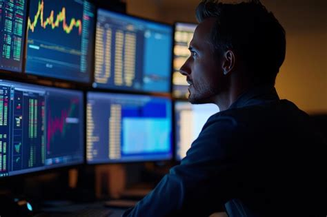 professional trader analyzing stock market graphs on multiple screens