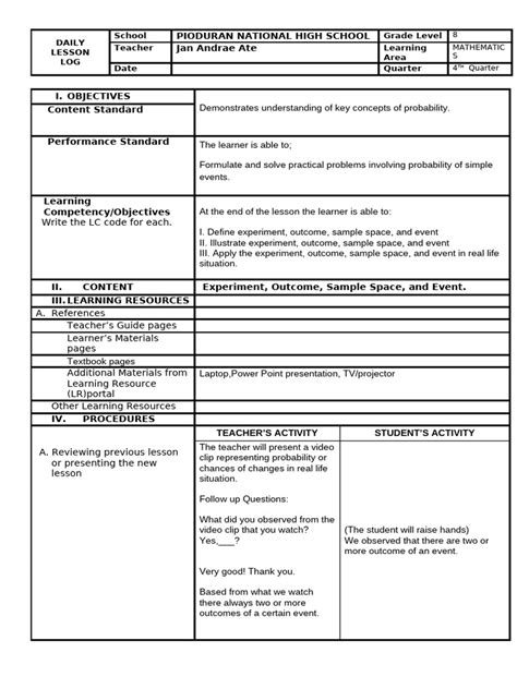 Illustrate An Experiment Outcome Sample Space And Event Pdf Learning Experiment