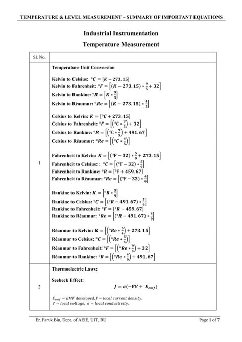 Equations 3 Industrial Instrumentation Temperature And Level Measurement Important Equations Pdf
