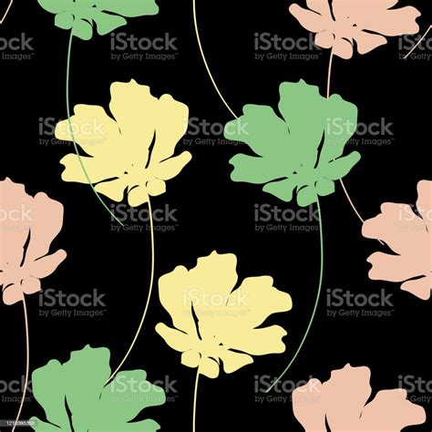 꽃 꽃 매끄러운 패턴입니다 피는 식물 모티프는 무작위로 흩어져 있습니다 패션 직물 벽지 인쇄를위한 색상 벡터 텍스처 검은 배경에 손으로 그린 실루엣 꽃 꽃 식물에 대한 스톡