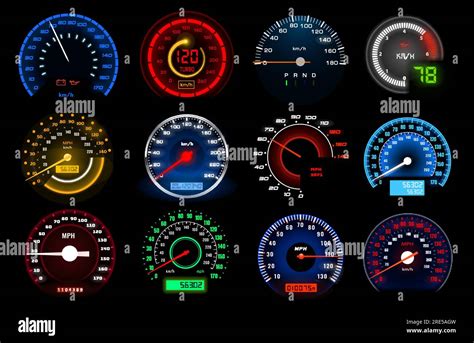 Speedometers, speed indicator vector dashboard dial scales for auto. Vehicle board realistic ...