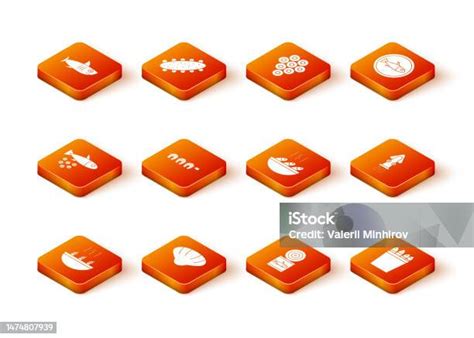 새우 가리비 바다 조개 생선 캐비어 구운 생선 스테이크 통조림 수프 낚시 양동이 물고기 및 문어 아이콘으로 수프를 설정합니다 벡터 3차원 형태에 대한 스톡 벡터 아트 및