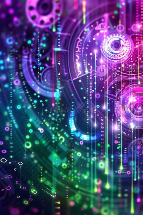 Vibrant Abstract Tech Background Featuring Interlocking Gears And Digital Circuits In Neon