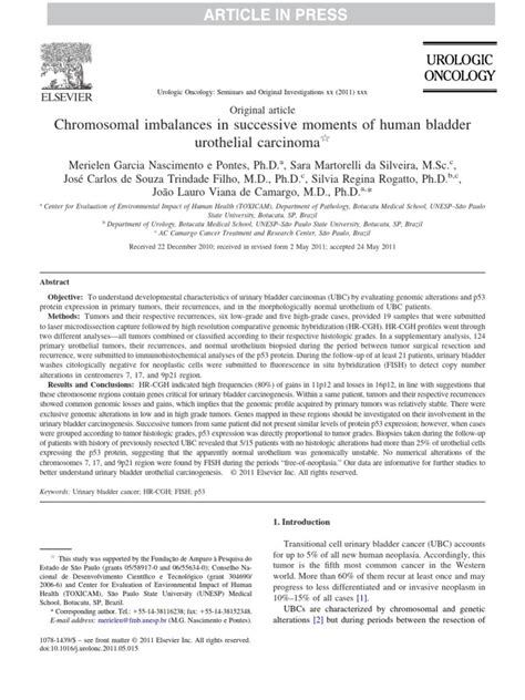 Chromosomal Imbalances In Successive Moments Of Human Bladder Urothelial Carcinoma Pdf
