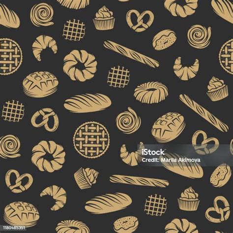 조각 요소베이커리 벡터 원활한 패턴 빵 패스트리 파이 만두 과자 컵 케이크와 배경 디자인 베이커리 가게에 대한 현대 선형 그래픽