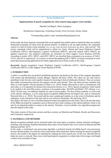 PDF Implementation Of Speech Recognition For Robot Control Using Support Vector Machine