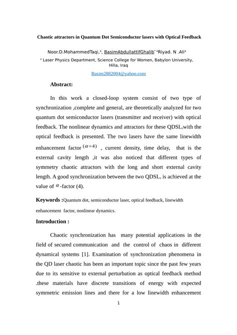 Pdf Chaotic Attractors In Quantum Dot Semiconductor Lasers With Optical Feedback