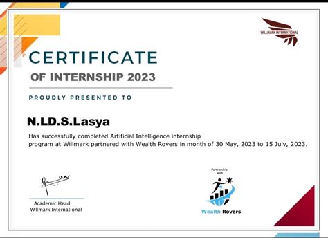 willmarkinternship datascience machinelearning internshipcertificate… sri lasya namana