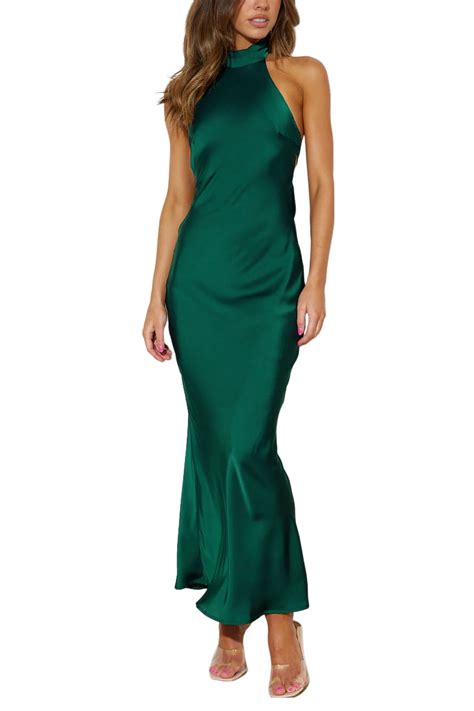 Phicia Sexy Satin Halter Neck Backless Maxi Dress For Women Elegant Tie
