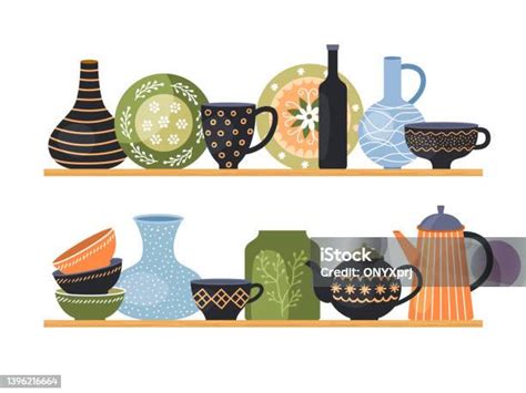 주방 조리기구 주방 기구 포크 머그잔 접시 주전자 꽃병 숟가락 요리의 장식 세트 최근 벡터 플랫 일러스트 컬렉션 티포트에 대한 스톡 벡터 아트 및 기타 이미지 Istock