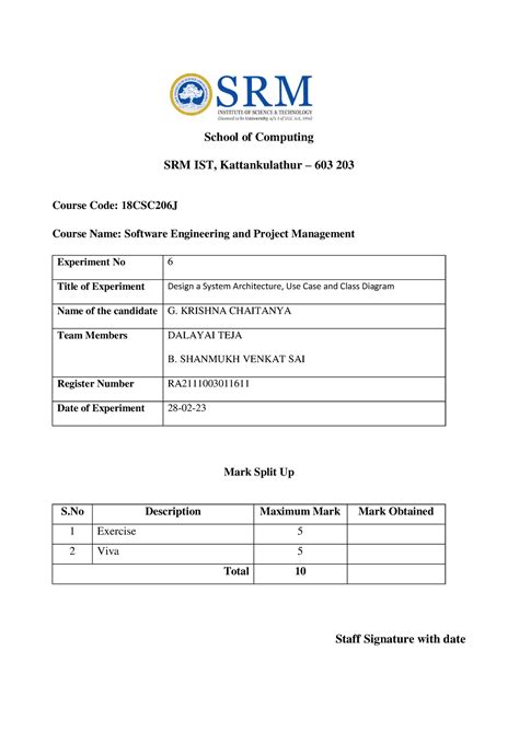 Kc Week 6 Experiment About Sepm School Of Computing Srm Ist Kattankulathur 603 203 Course