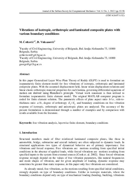Pdf Vibrations Of Isotropic Orthotropic And Laminated Composite