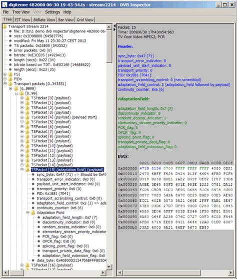 tree view transport stream packets dvbinspector