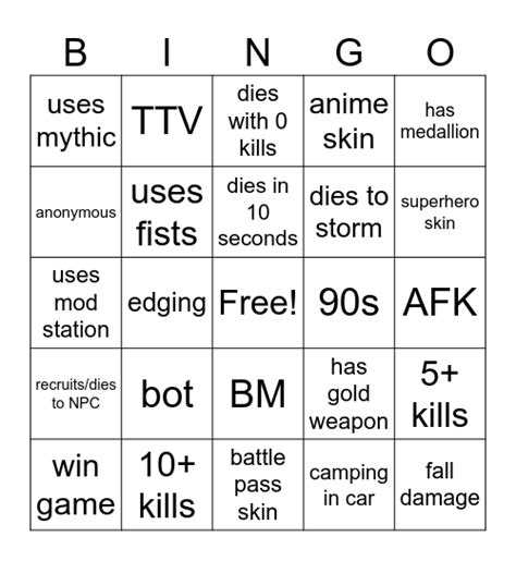 Fortnite Bingo Card