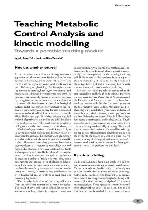 Pdf Teaching Metabolic Control Analysis And Kinetic Modelling H