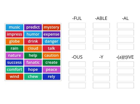 Adjective Suffixes Al Ous Able Y A T Ive Ful Group Sort