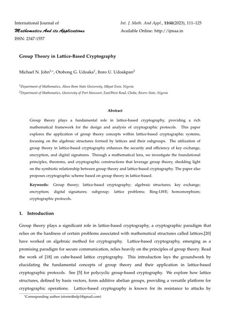 Pdf Group Theory In Lattice Based Cryptography