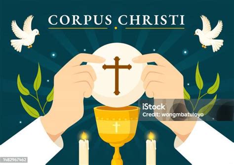 코퍼스 크리스티 가톨릭 종교 휴일 벡터 일러스트레이션 축제의 날 십자가 빵과 포도 플랫 만화 손으로 그린 포스터 템플릿 0명에 대한 스톡 벡터 아트 및 기타 이미지 Istock