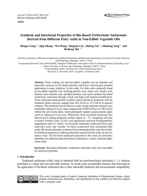 Synthesis And Interfacial Properties Of Bio Based Zwitterionic Surfactants Derived From