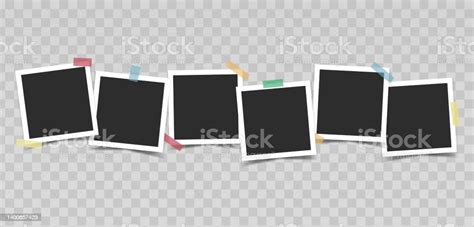 투명한 배경에 컬러 접착 테이프가있는 검은 색 사진 프레임 벡터 현실적인 모형 흰색 테두리가 연속으로 있는 여섯 개의 빈 사각형