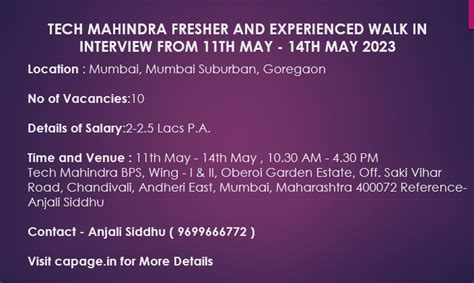 Tech Mahindra Fresher And Experienced Walk In Interview From Th May Th May CA Page