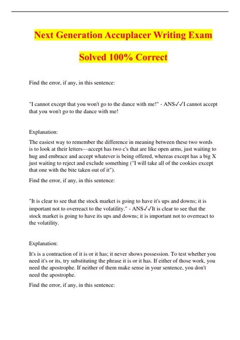 Next Generation Accuplacer Writing Exam Solved 100 Correct