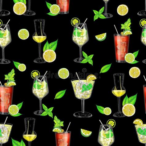 Pattern With Cocktails Repeating Pattern With Summer Drinks Hand
