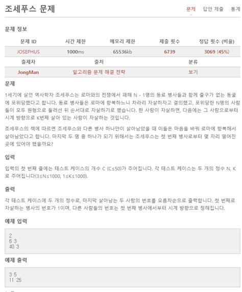 [종만북] josephus 조세푸스 문제 자바 java nahwasa