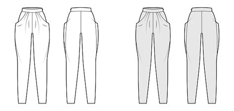 하렘 팬츠 테크니컬 패션 일러스트와 통상의 허리 하이라이즈 슬래시 포켓 드레이핑 프론트 풀 길이 0명에 대한 스톡 벡터 아트 및