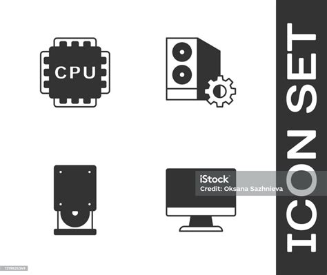 컴퓨터 모니터 화면 Cpu가 있는 프로세서 광학 디스크 드라이브 및 컴퓨터 아이콘 케이스를 설정합니다 벡터 Cpu에 대한 스톡