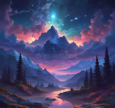 Illustration Of Landscape With Starry Sky Stock Illustration