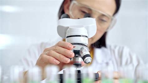Woman Scientist Using Microscope In Laboratory Microbiology Science