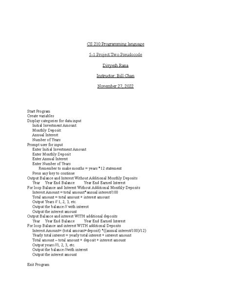 psuedocode project 2 coursework cs 210 programming language 5 1