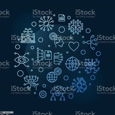 Artificial Neural Networks Concept Line Round Blue Banner Vector Illustration Stock Illustration