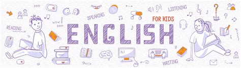 헤더 어린이 언어 학교 또는 코스 가르치고 영어를 배운다 흰색 배경에 대한 개요 아이콘 기호 책의 징후 사전 어휘 말하기 읽기 쓰기 듣기 기술 영어에 대한 스톡 벡터 아트