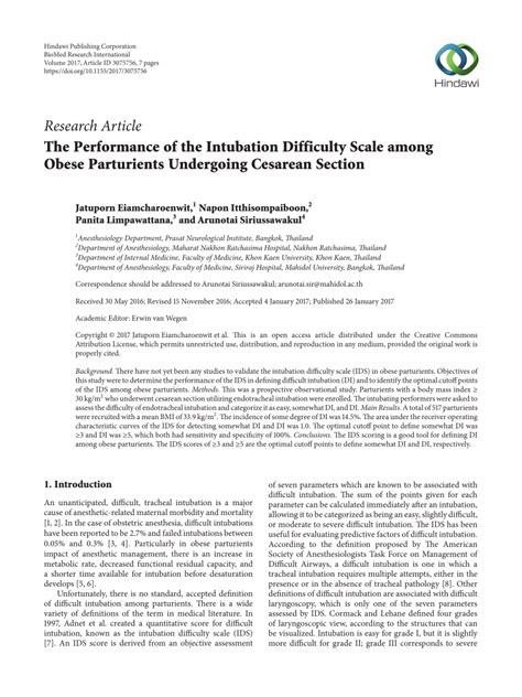 Pdf The Performance Of The Intubation Difficulty Scale Among Obese Parturients Undergoing