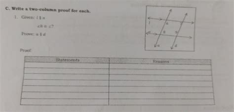 solved c write a two column proof for each 1 given l i ∠ 8≌ ∠ 7